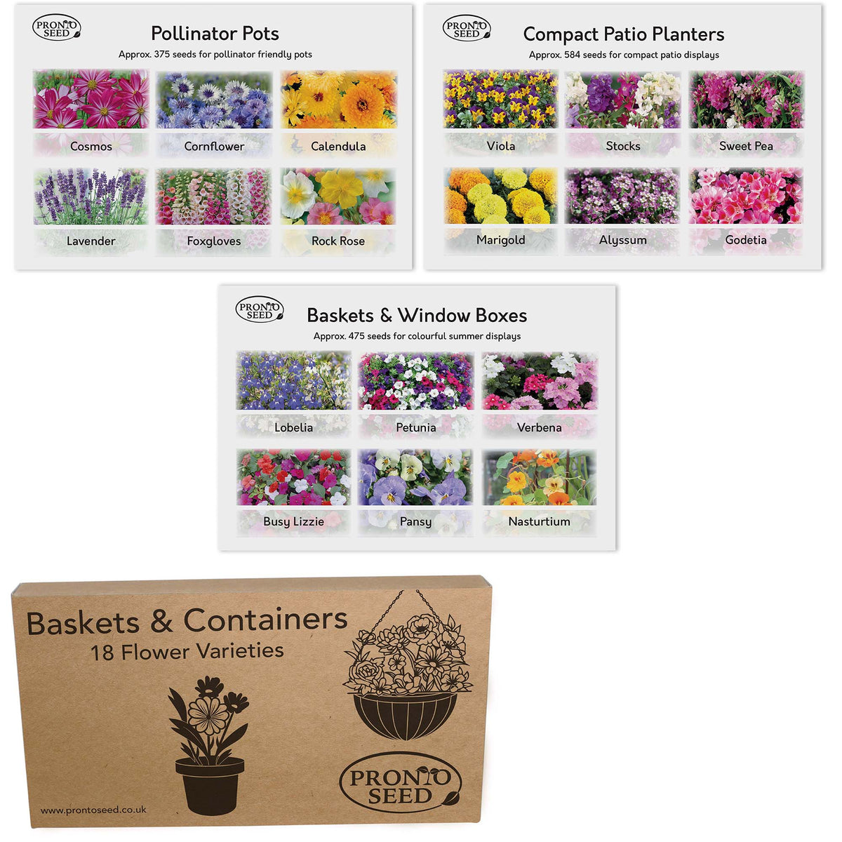 Flower Seeds – 14 Varieties, 1,400+ Seeds for Baskets & Pots – Pronto Seed